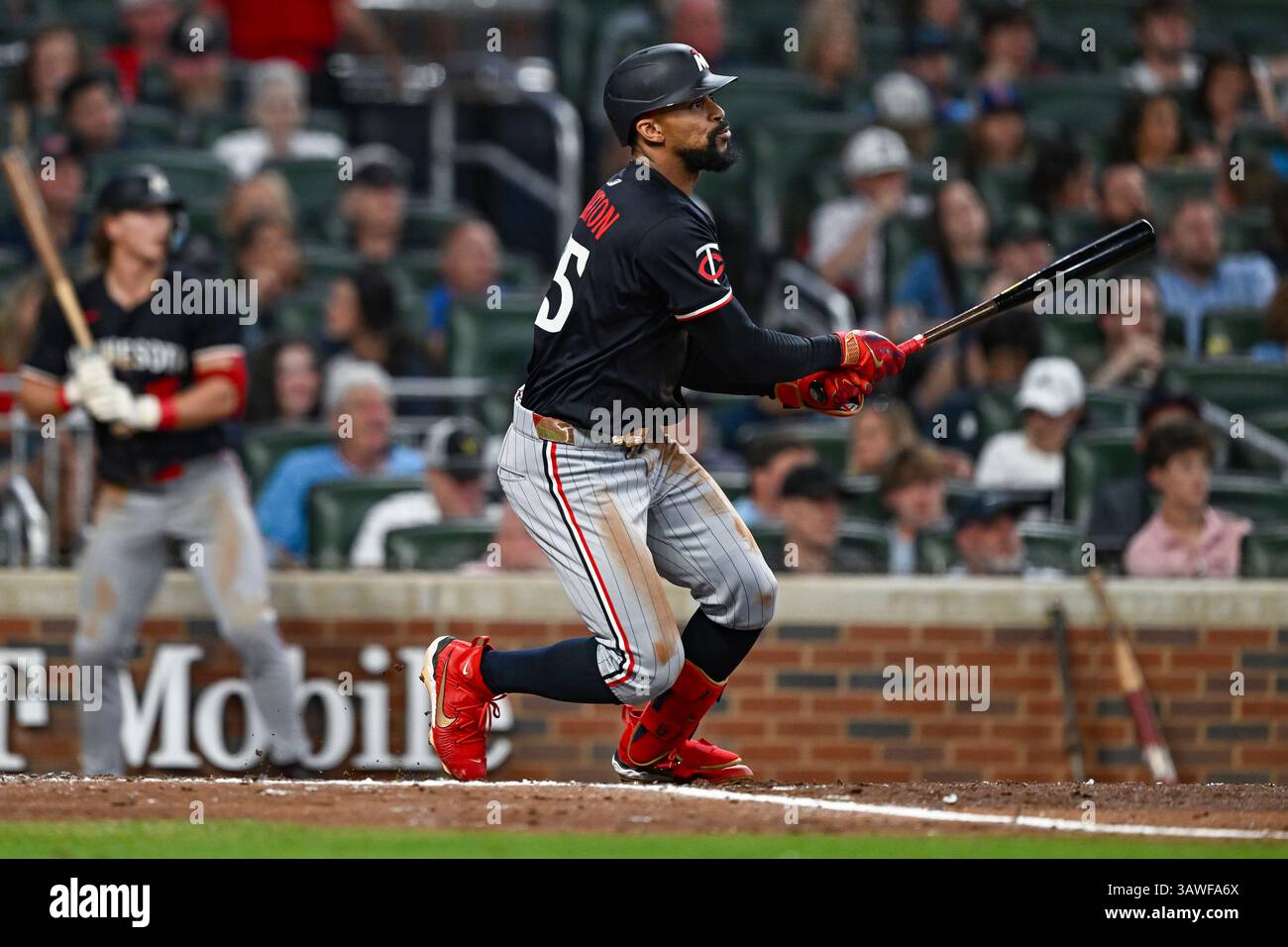 ATLANTA, GA – APRIL 19: Minnesota outfielder Byron Buxton (25) hits a ...