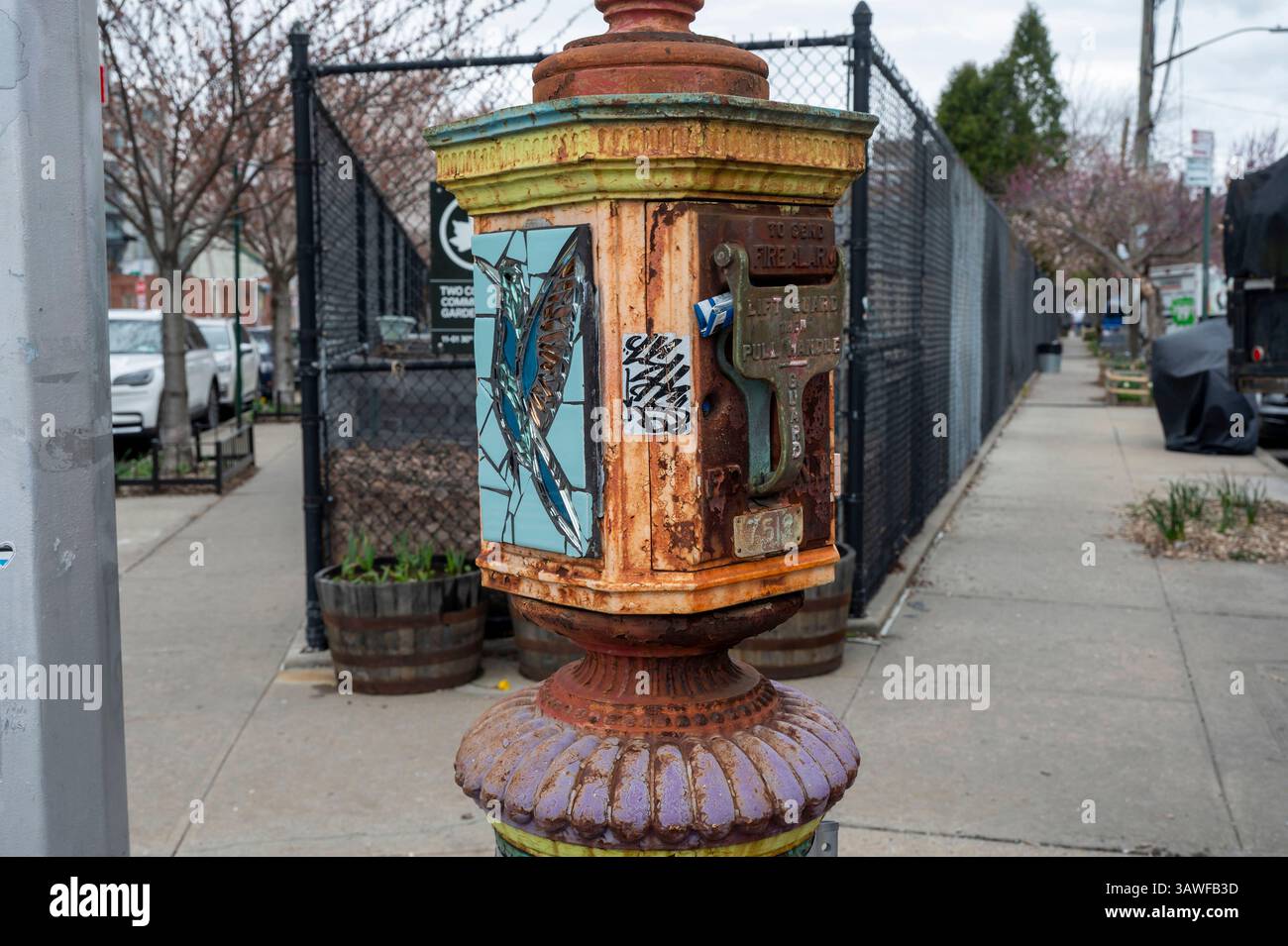 View of a fire department call box decorated with a mosaic made of ...