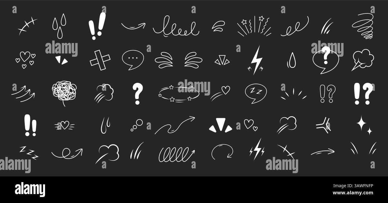 Anime Emotion effect icons. Collection of hand drawn arrows, lines ...