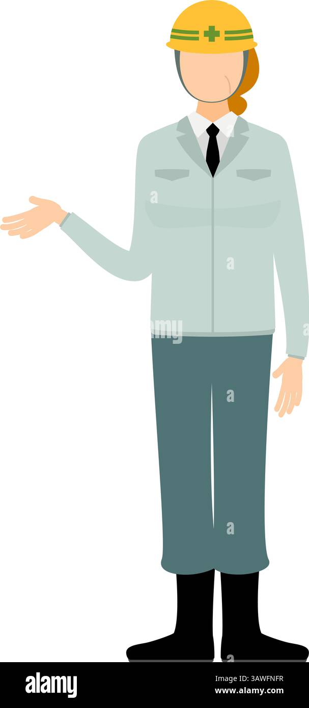 Simple illustration of a senior woman supervisor wearing a helmet talk ...