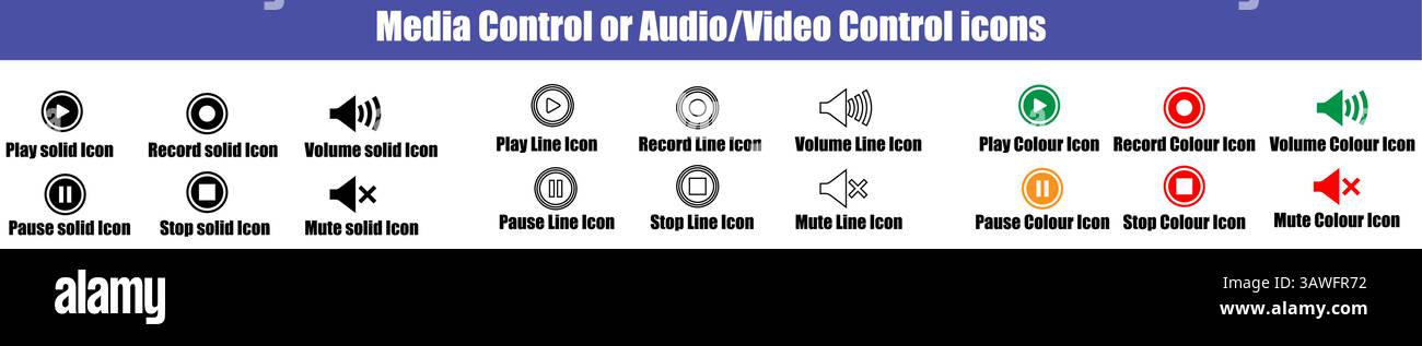 Media Control Icons in Solid, Line, and Colored Variants for UI Design ...