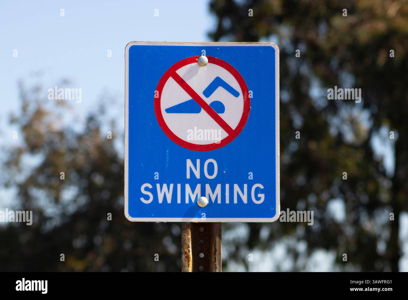 no swimming sign in blue and red Stock Photo - Alamy