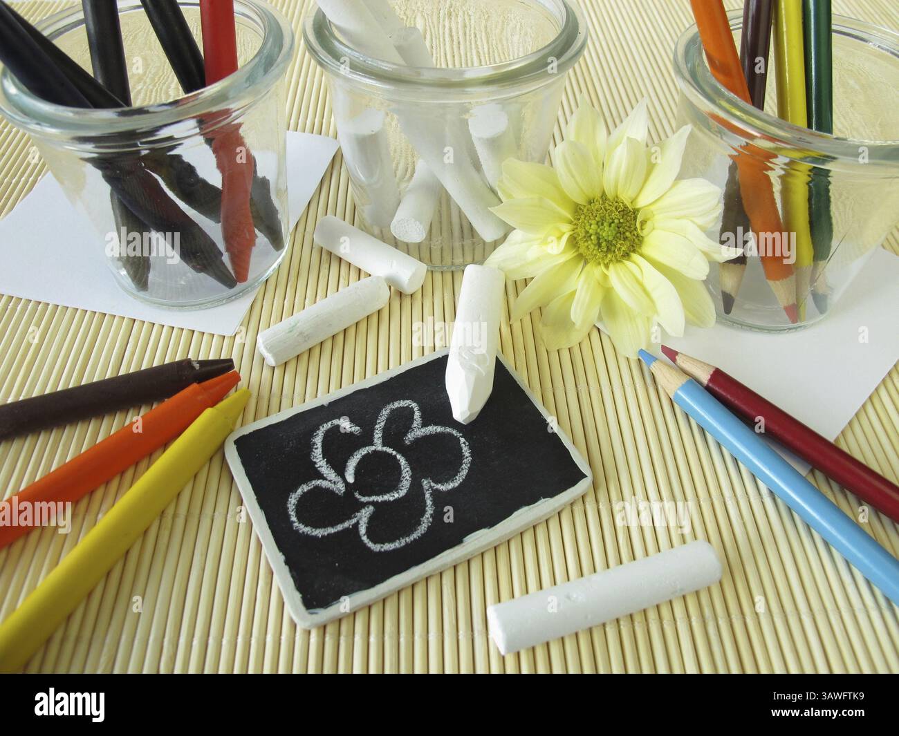 Coloured pencils, wax crayons and chalk for children Stock Photo - Alamy