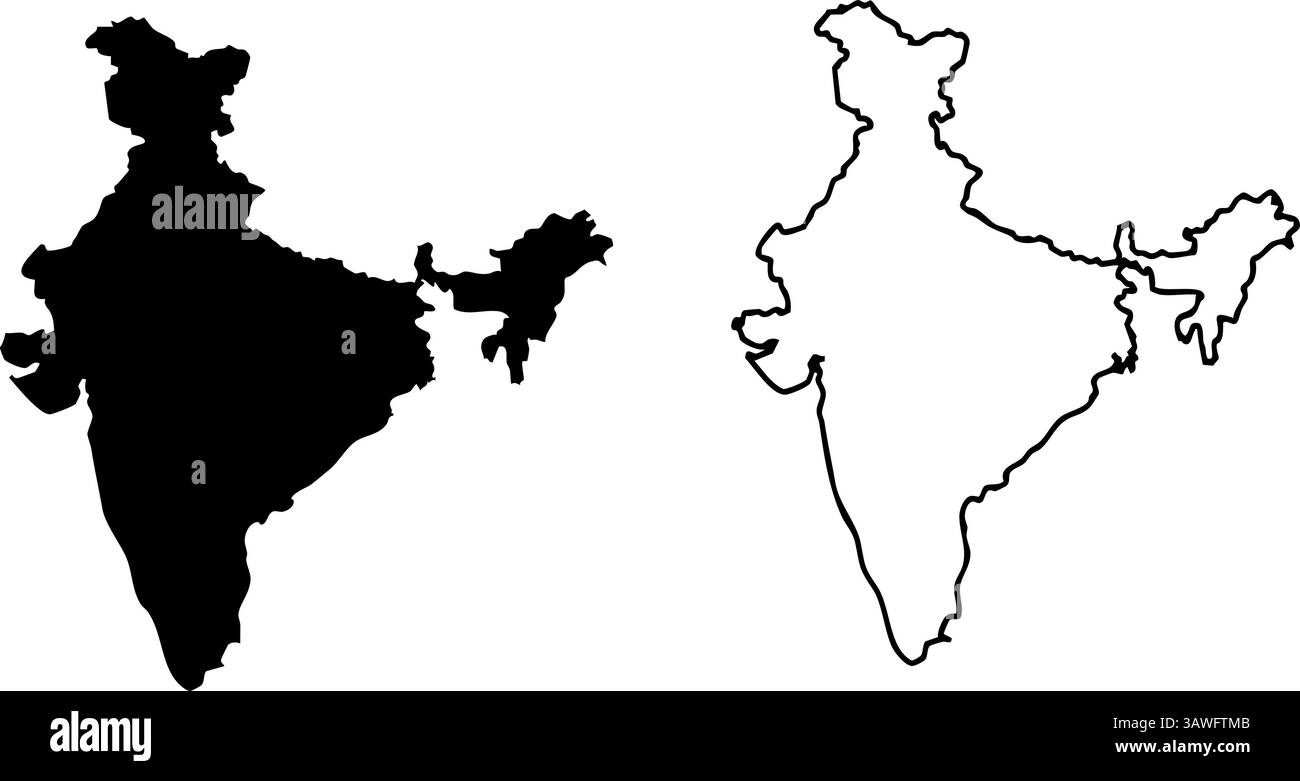 India map silhouette set – solid black fill and outline vector style ...