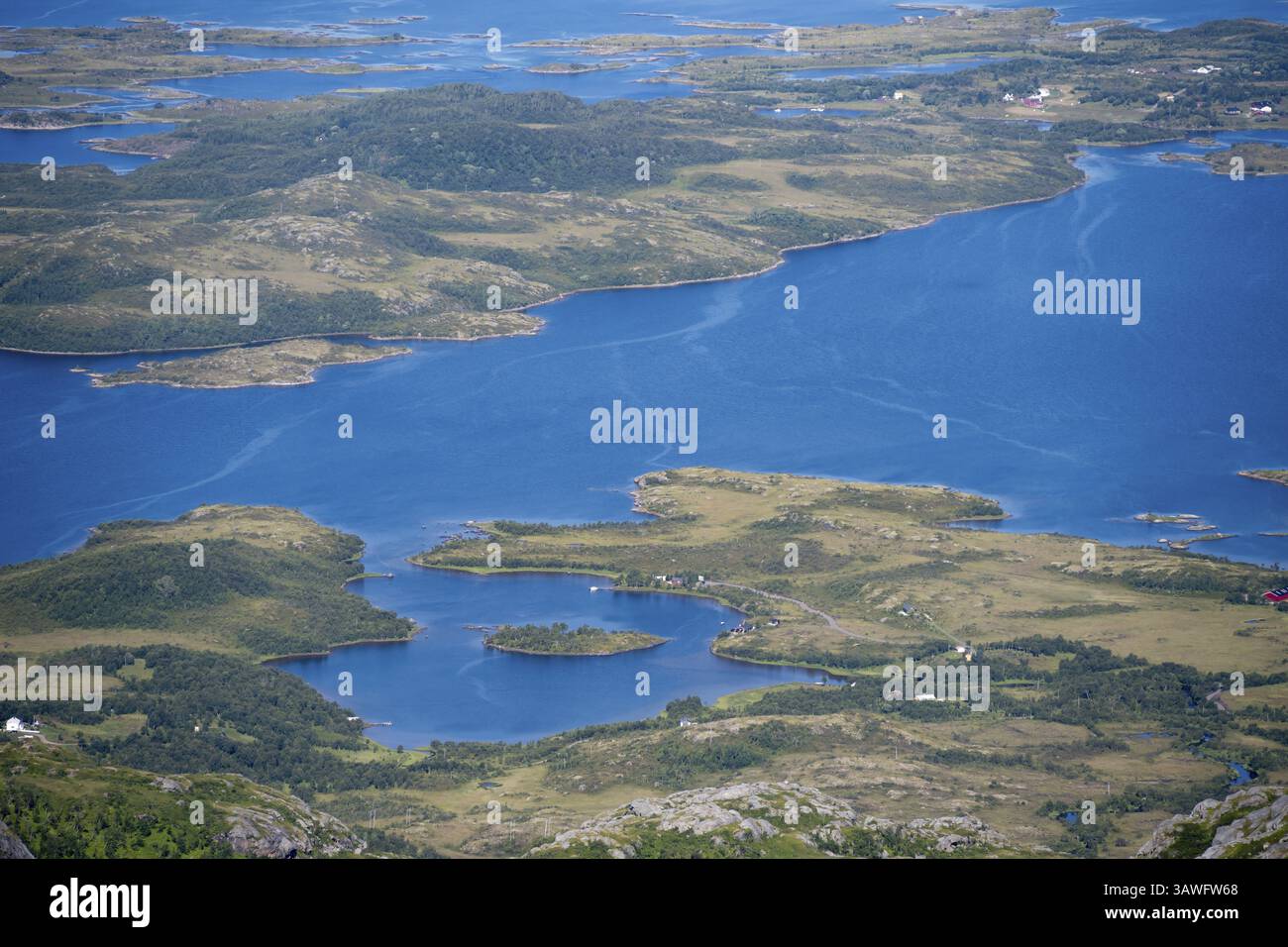 Flat islands in the fjord Austensfjorden, fjord landscape and sea ...