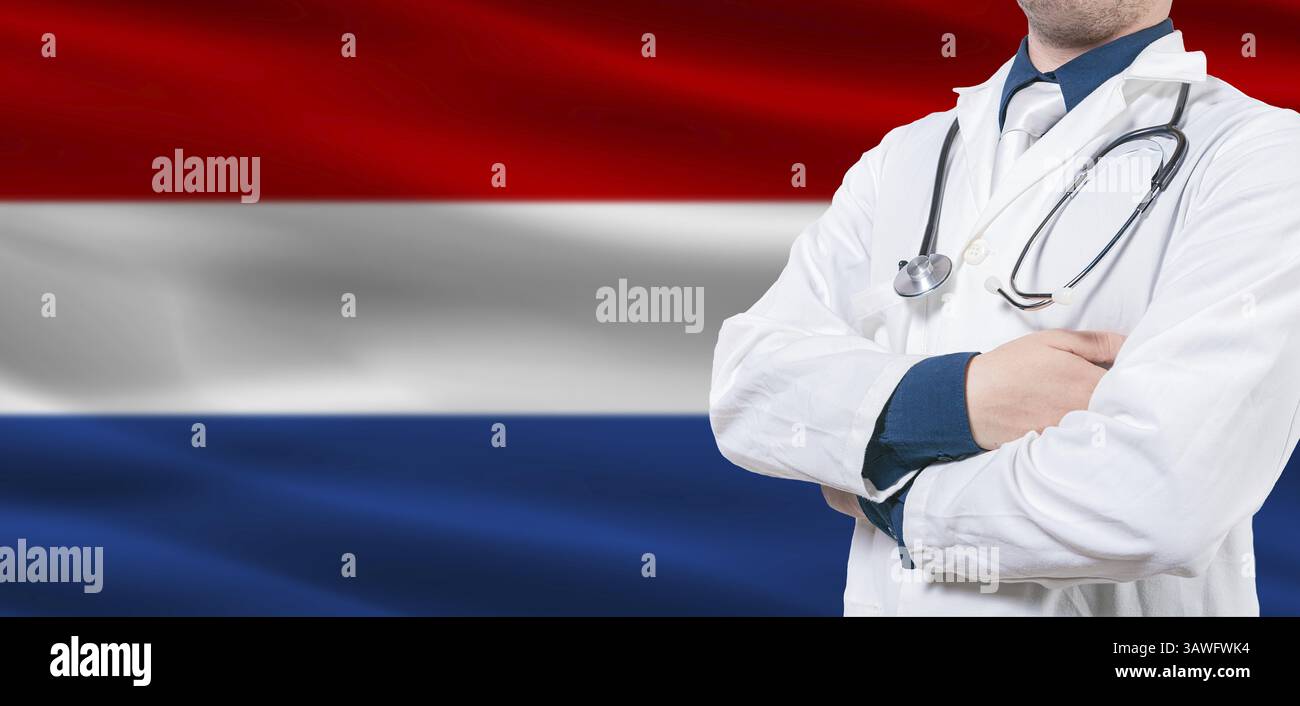 Netherlands healthcare concept. Male doctor on Dutch flag. Doctor with ...