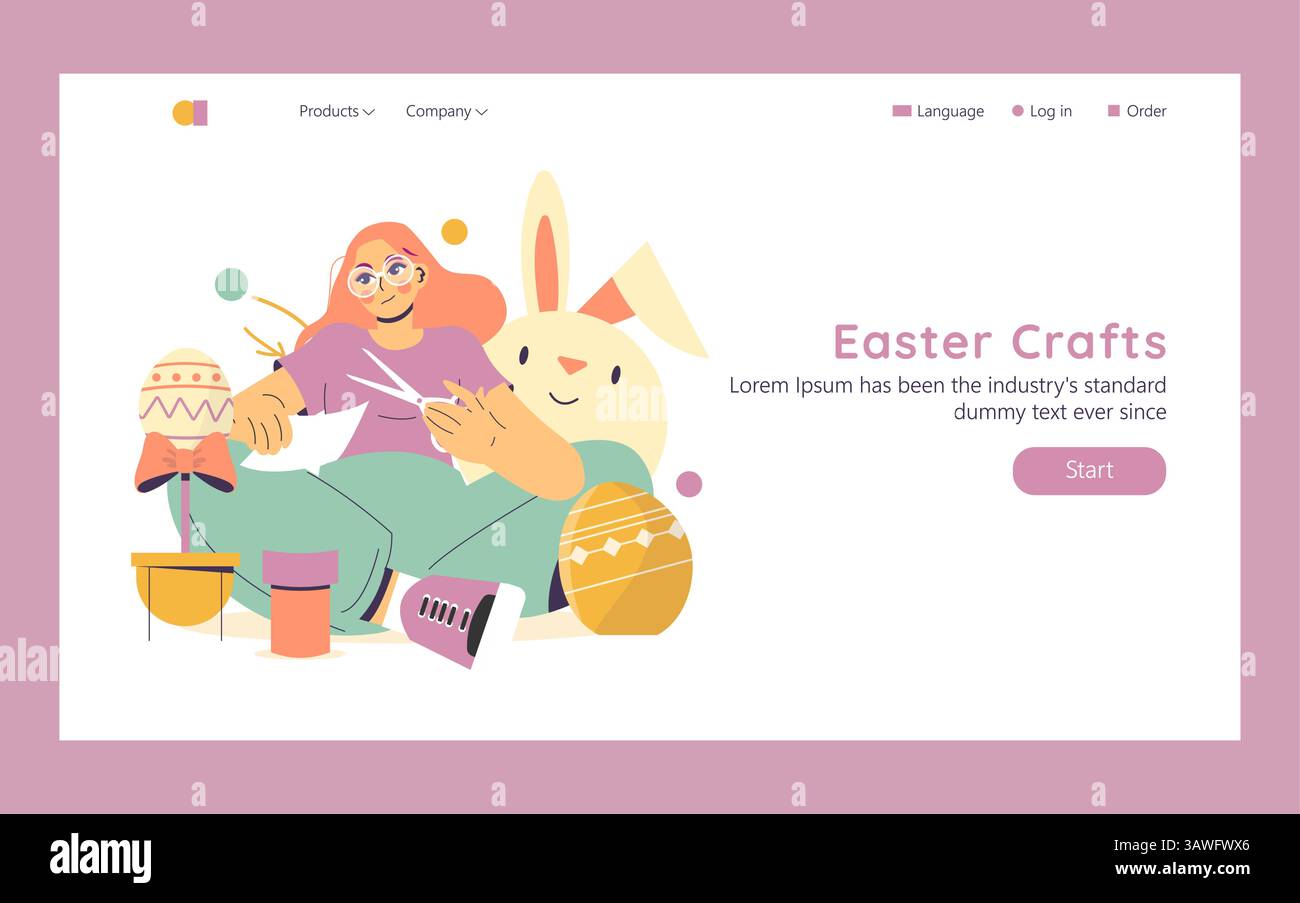 Easter crafts concept. Happy young woman creating handmade holiday decorations at home, sitting ...