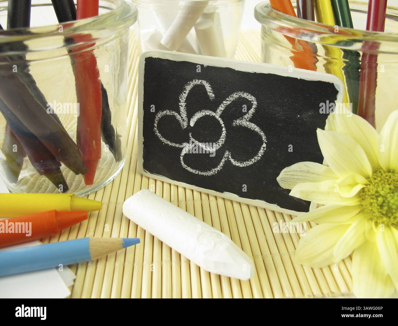 Coloured pencils, wax crayons and chalk for children Stock Photo - Alamy