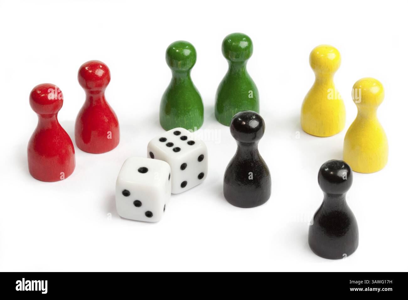 Four pairs of meeples in different colours standing around dice Four ...
