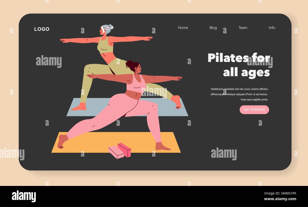 Pilates illustration showcasing two women practicing yoga on exercise ...