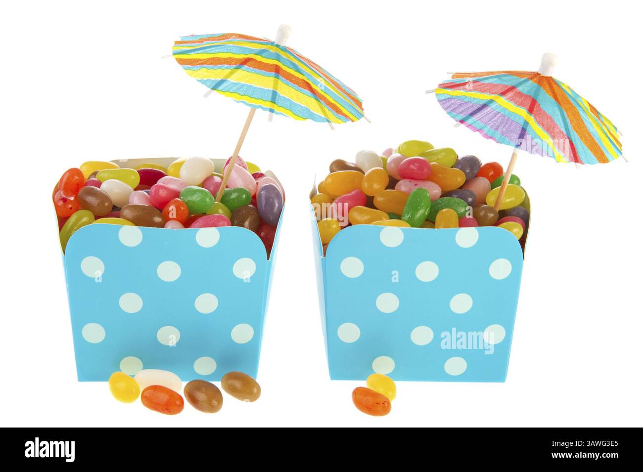 Two blue dotted cartons full with colourful candy in the summer Stock ...