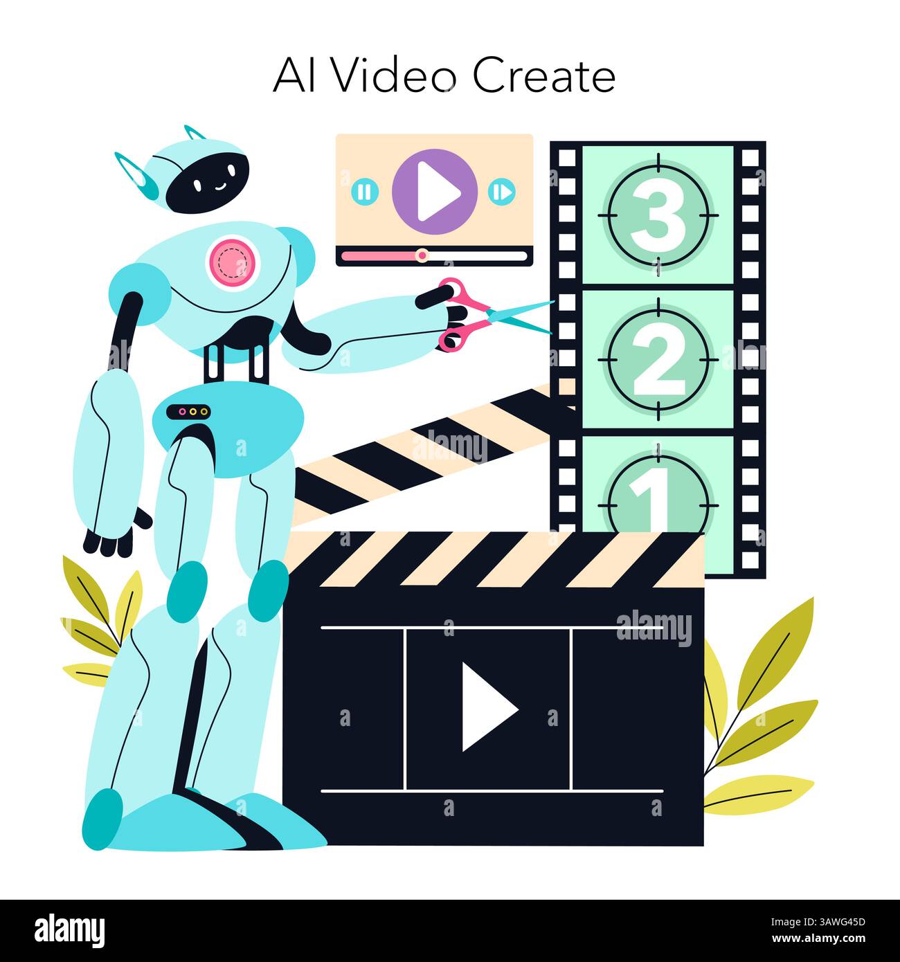 AI video creation concept. A robot working on video editing symbols ...