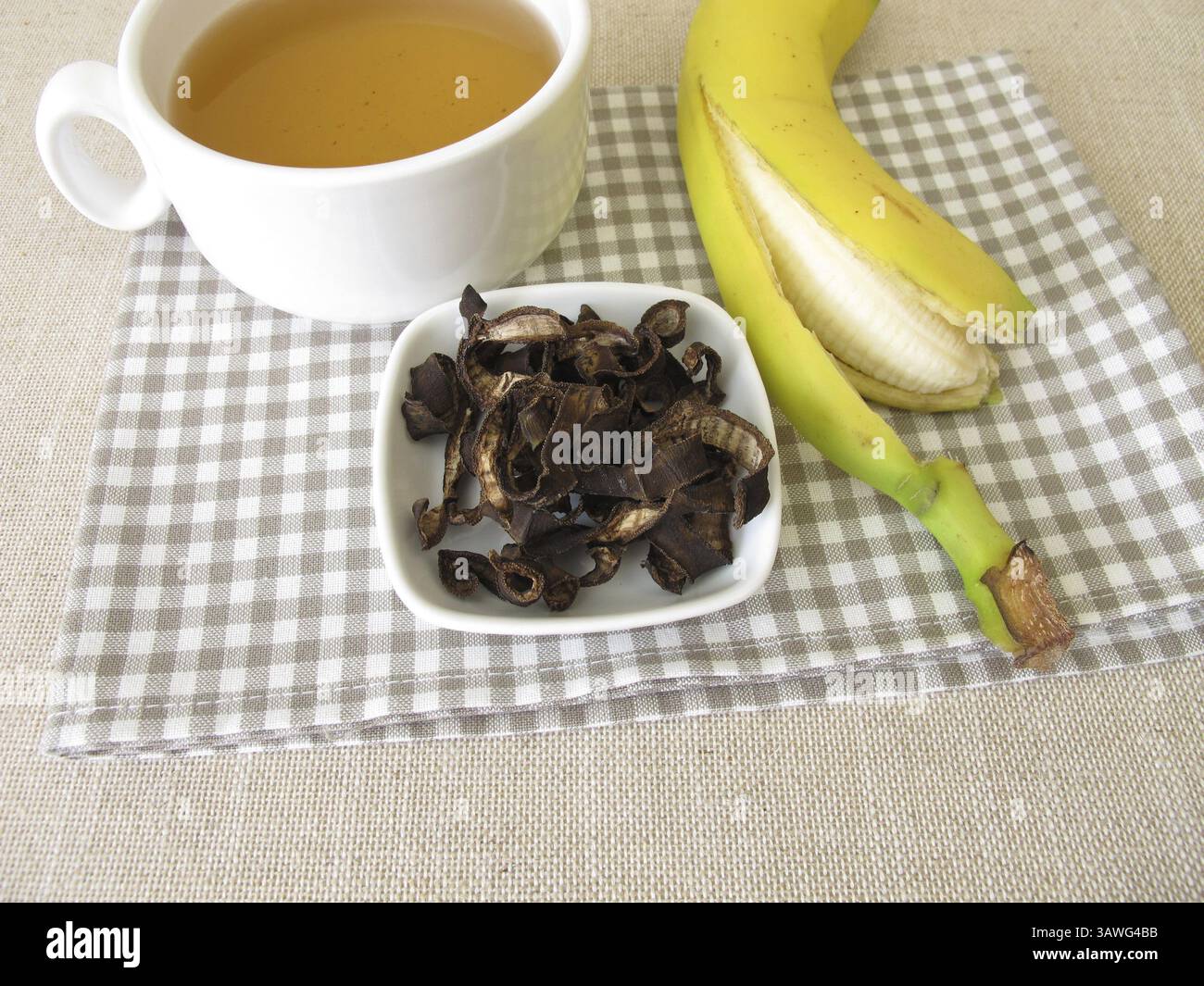 Banana peel tea, a cup of tea made from dried organic banana peels ...
