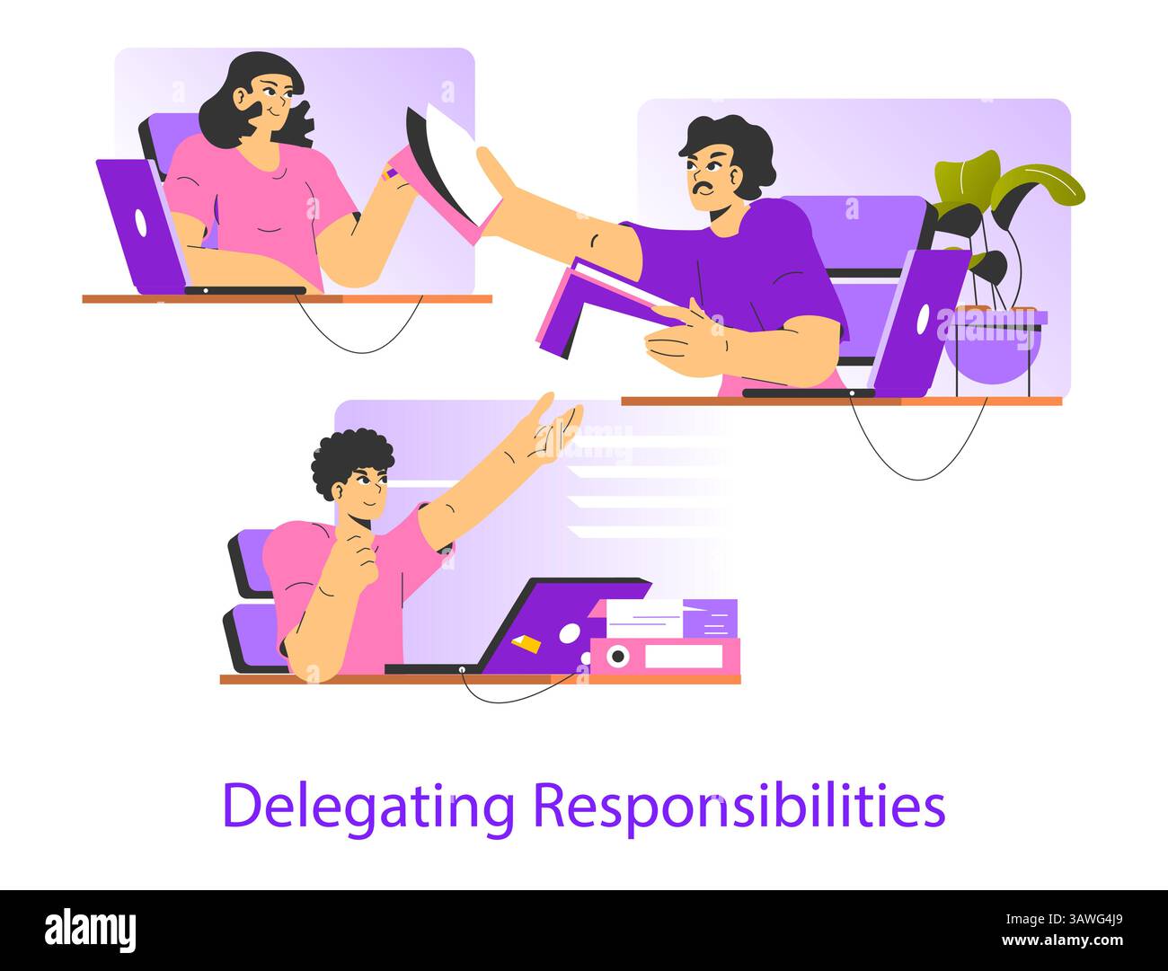 Delegation strategies in action among team members. A dynamic illustration showcasing effective ...