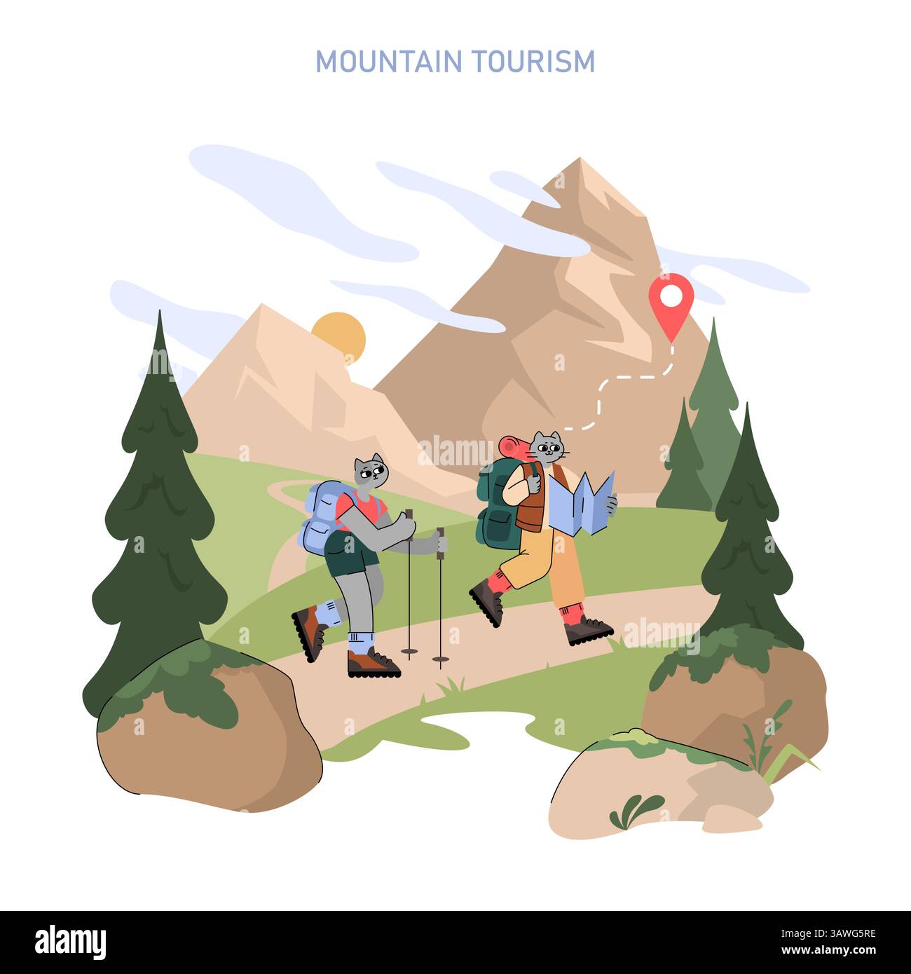 Mountain tourism concept. Adventurers with backpacks and hiking gear ...