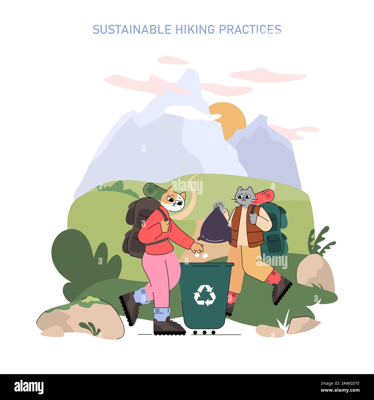 Mountain tourism concept. Two hikers clean up litter along a scenic mountain trail with ...