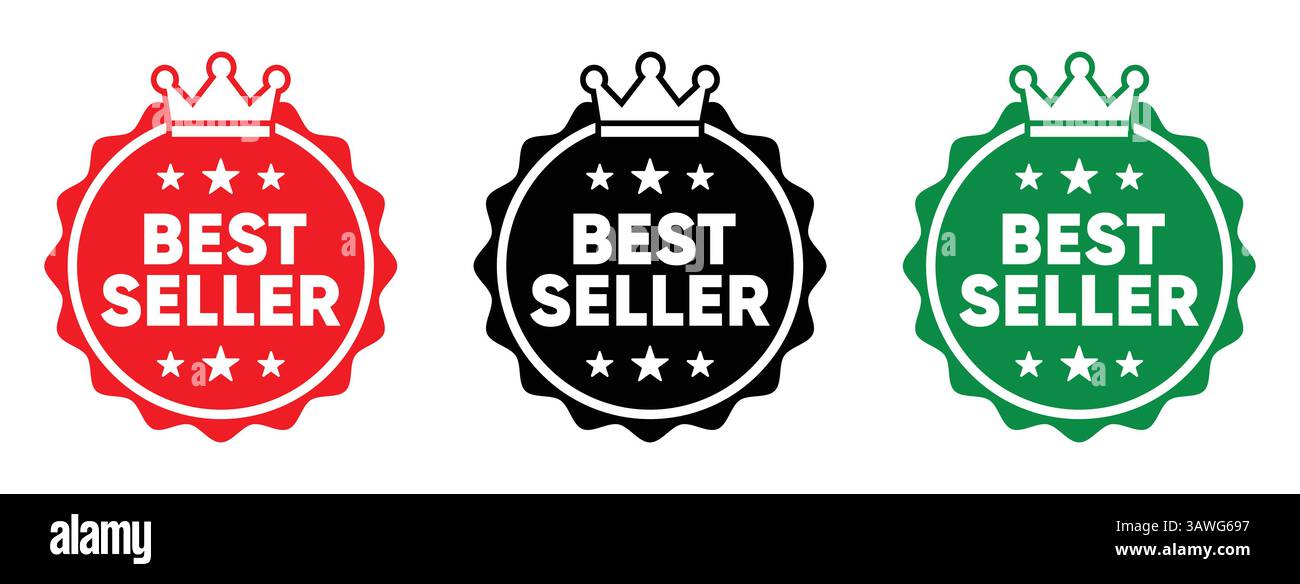 Best Seller Badge Icons with Crown and Stars in Red, Black, and Green ...