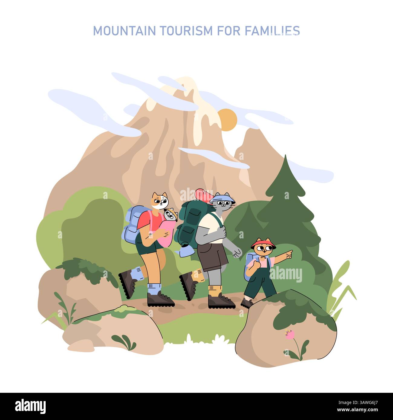 Mountain tourism concept. Family adventure in nature with children enjoying hiking through ...