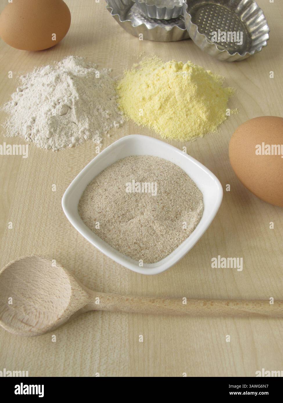 Ground psyllium husks, buckwheat flour, maize flour Stock Photo - Alamy