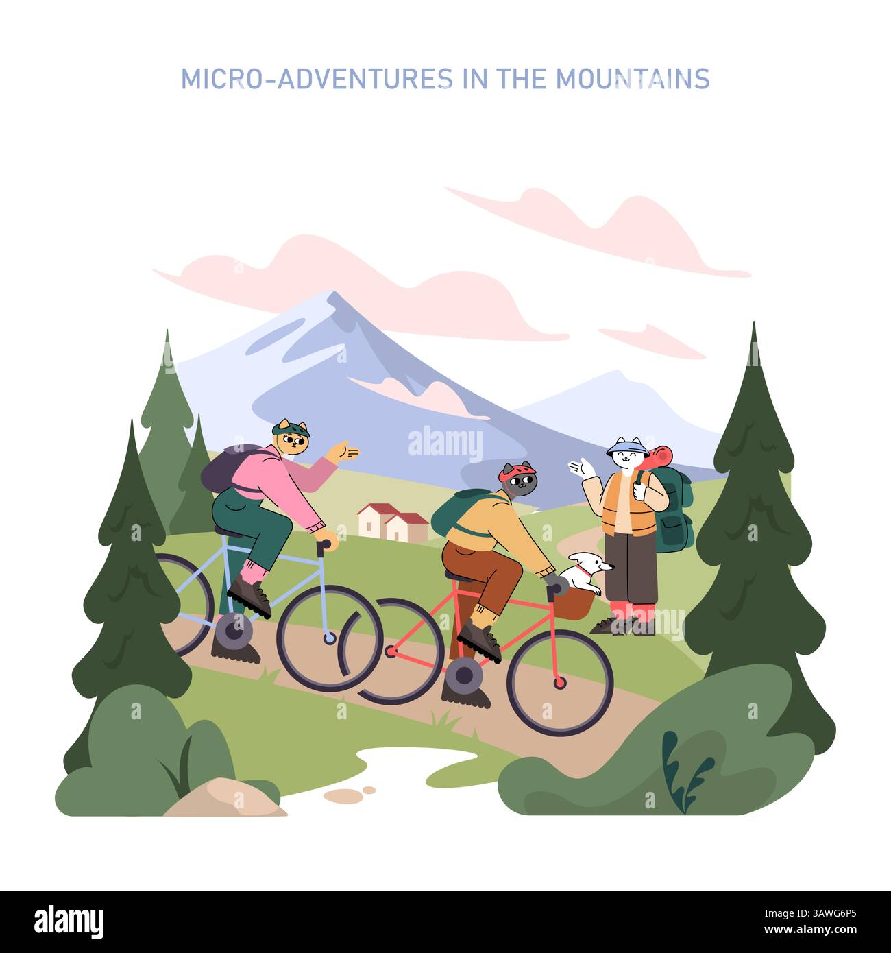 Mountain Tourism concept. Friends cycling and hiking through a green ...