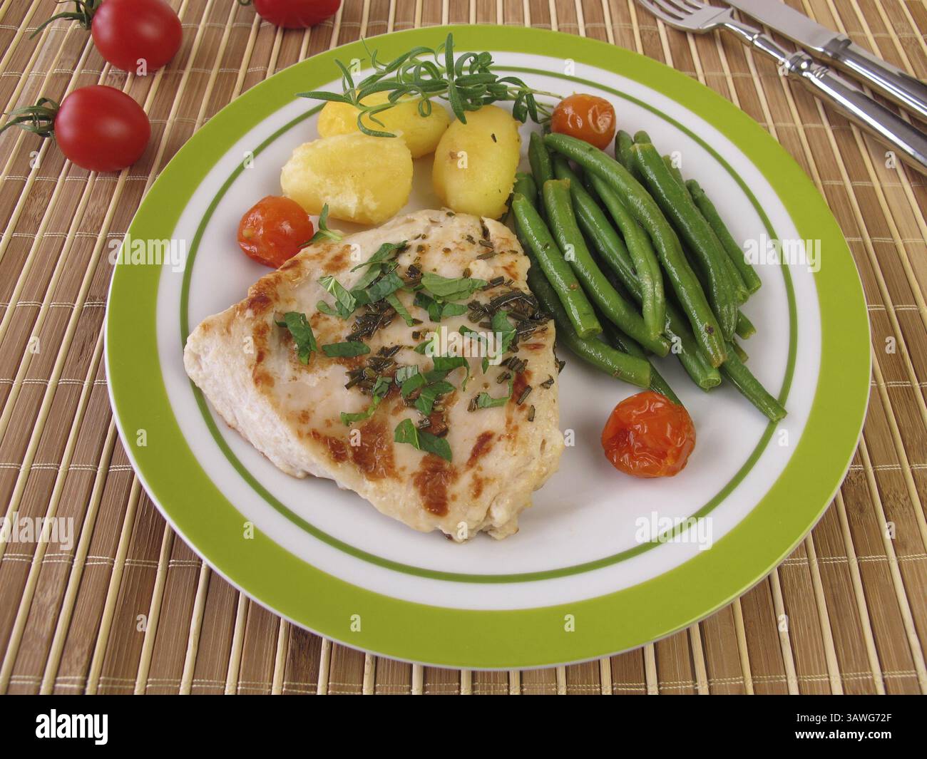 Chicken schnitzel, beans and potatoes Stock Photo - Alamy