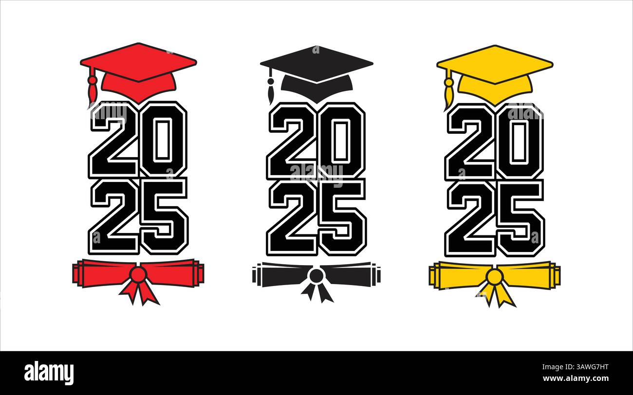 Class of 2025 Graduation Icon with Cap and Diploma – Red, Black, Yellow ...