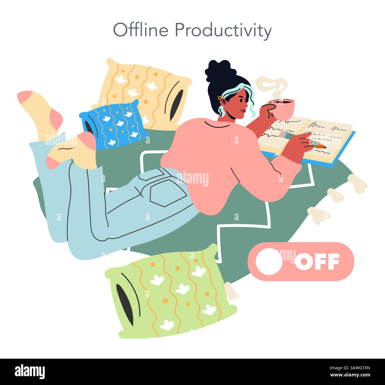 Digital Detox concept. Woman relaxing with a book and tea, staying offline to boost productivity ...