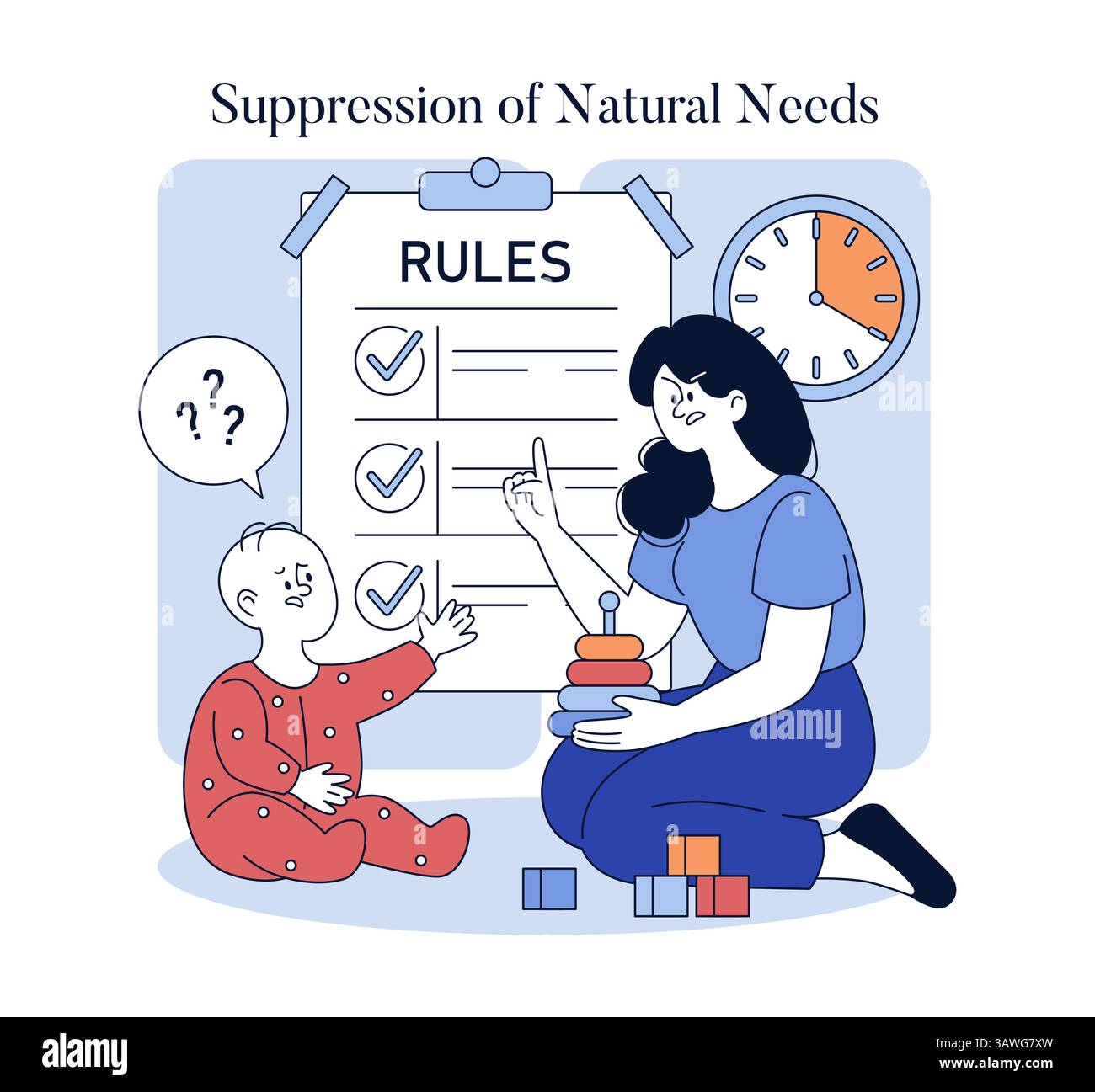 Authoritarian parenting illustrated through a strict mother teaching ...