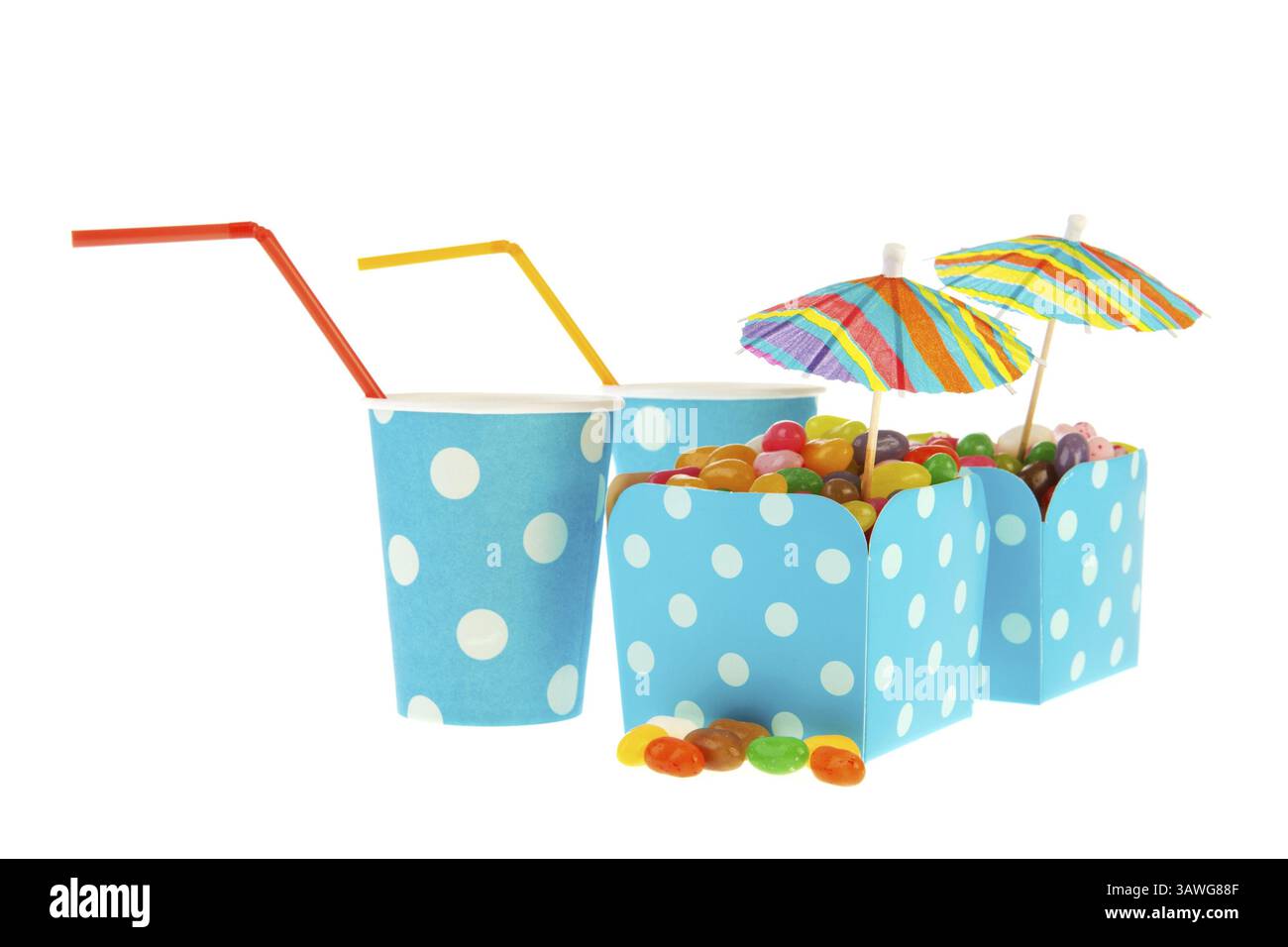 Two blue dotted cartons full with colourful candy in the summer Stock ...