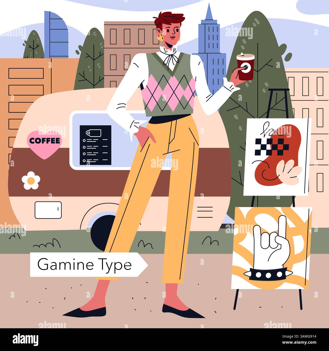 Kibbe Types concept. Gamine type fashion figure stands outdoors near ...