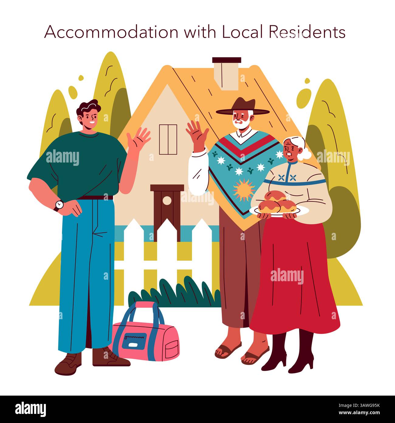 The illustration represents a welcoming interaction focused on slow ...