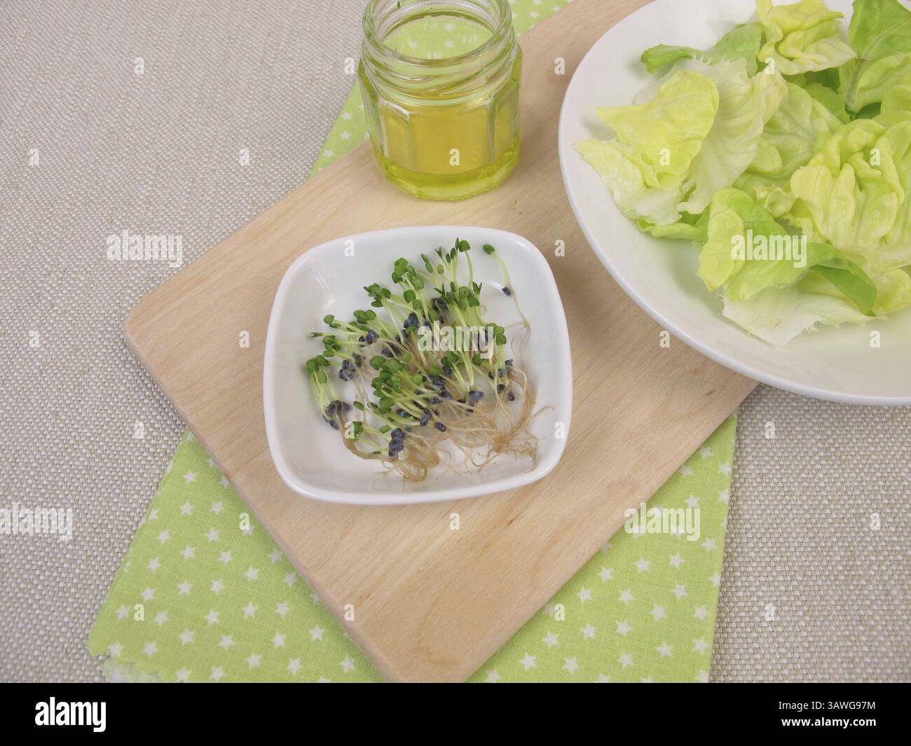 Basil sprouts, lettuce and olive oil Stock Photo - Alamy