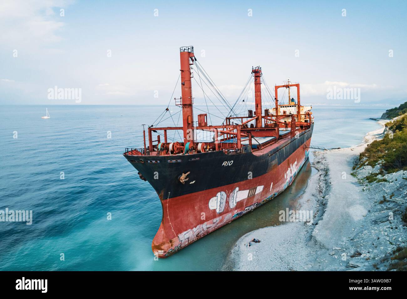 Kabardinka, Russia - July 13, 2021: Aerial view of abandoned cargo ship ...