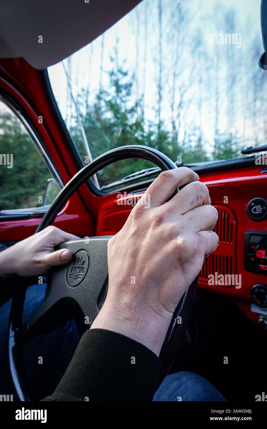 Red old car steering wheel and dashboard or interior close up Stock ...