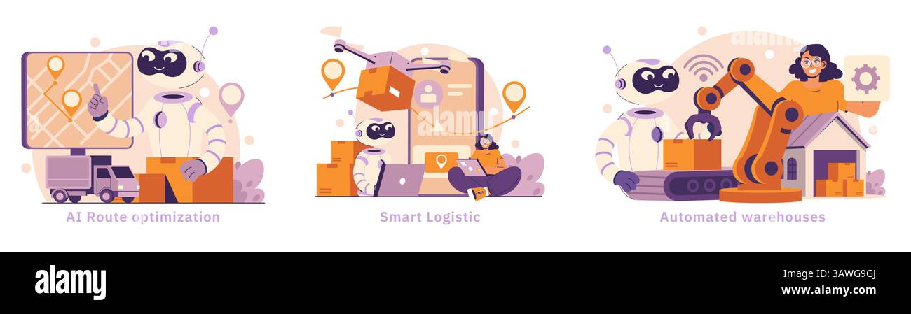 AI in logistics illustration. It represents AI route optimization, smart logistics with drones ...