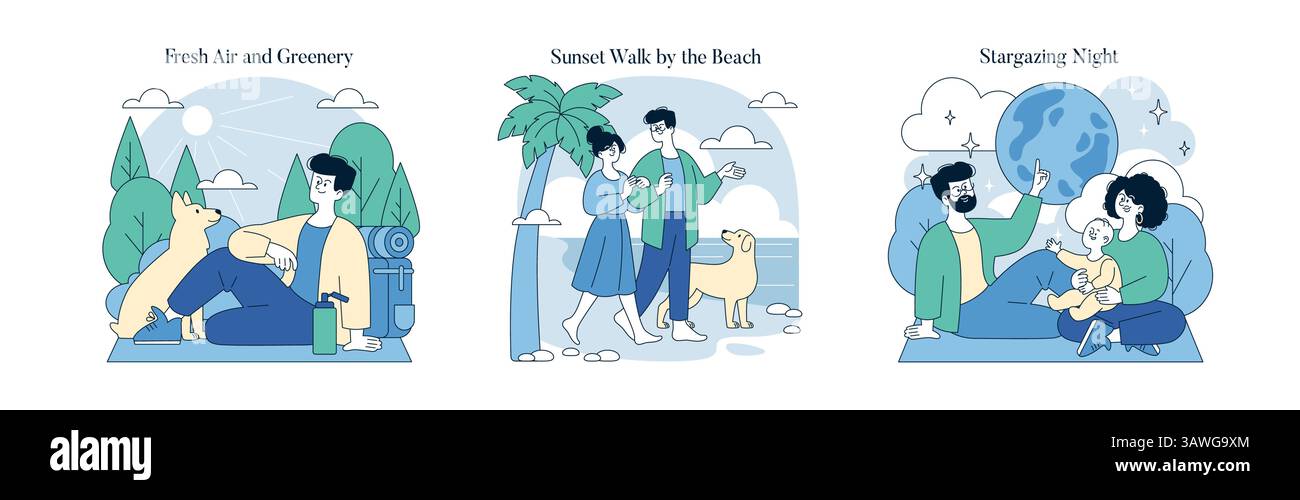 Feel good moments captured in three uplifting scenes: enjoying nature ...