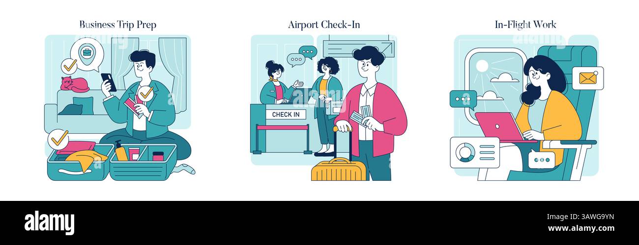 Business travel sequence illustration showing trip preparation, airport ...