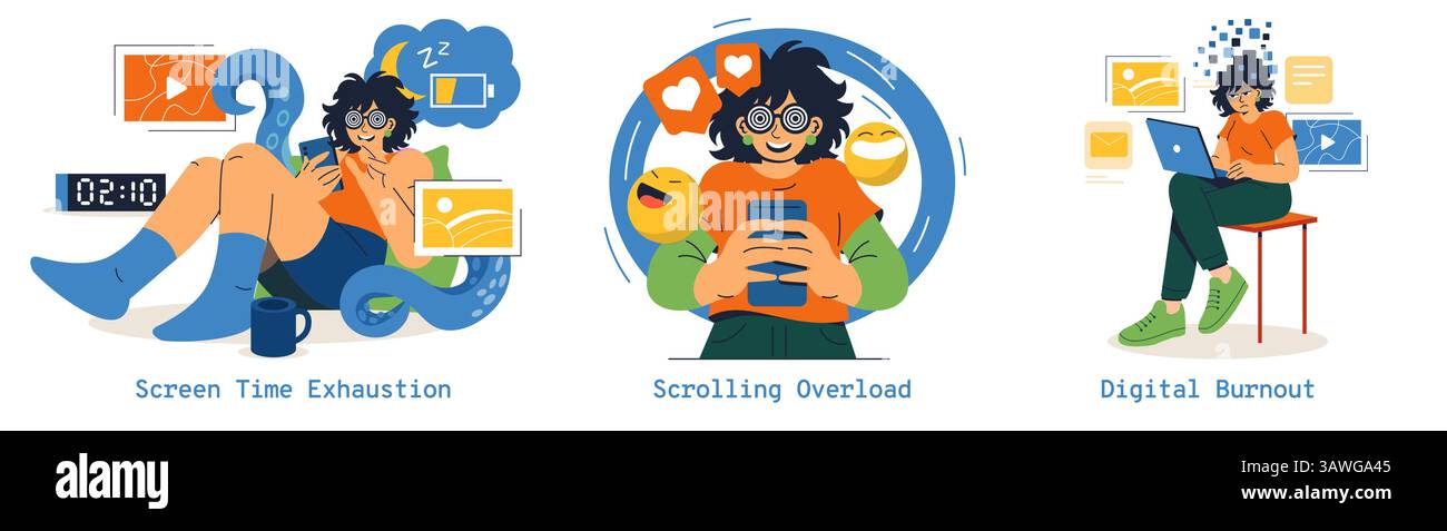 Brain Rot concept. This illustration highlights the effects of excessive screen time and digital ...