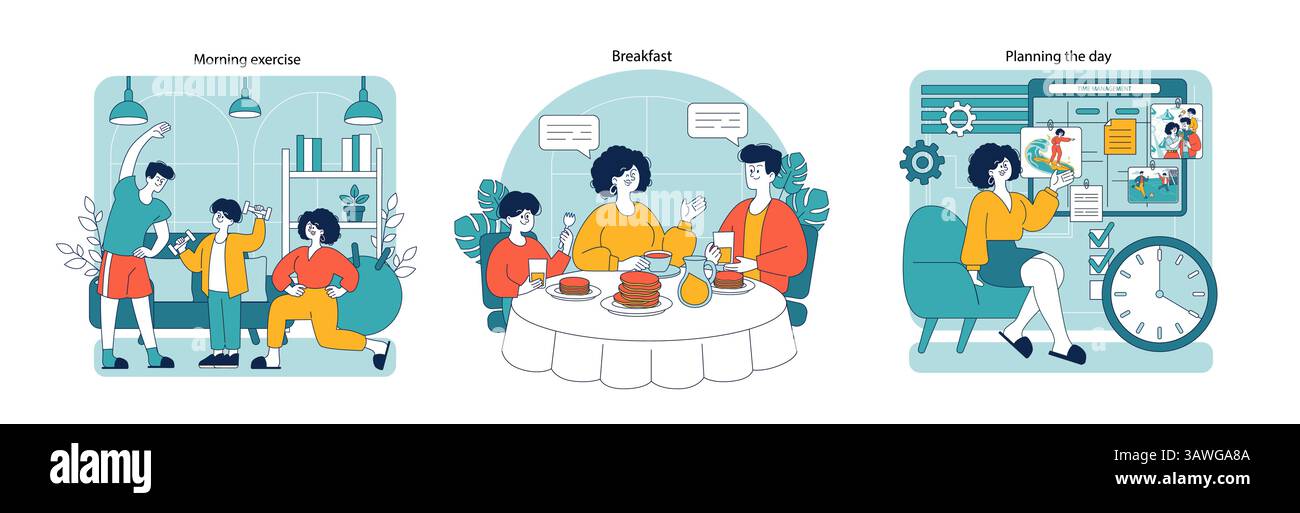 Family routine vector set depicting morning exercises, breakfast, and ...
