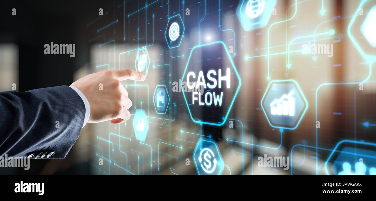 Cash flow button on virtual screen. Businessman drawing Cash Flow ...