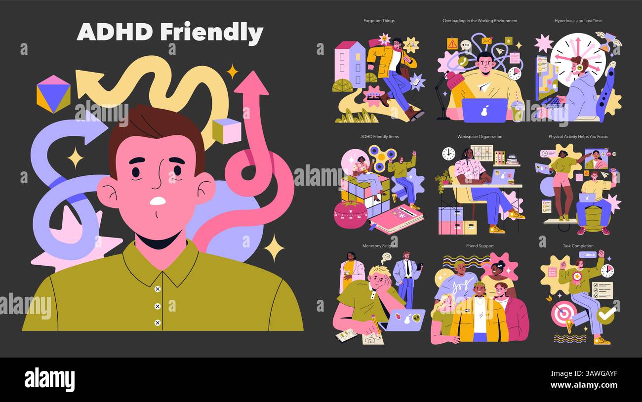 ADHD-friendly illustration explores strategies for managing attention challenges. It features ...