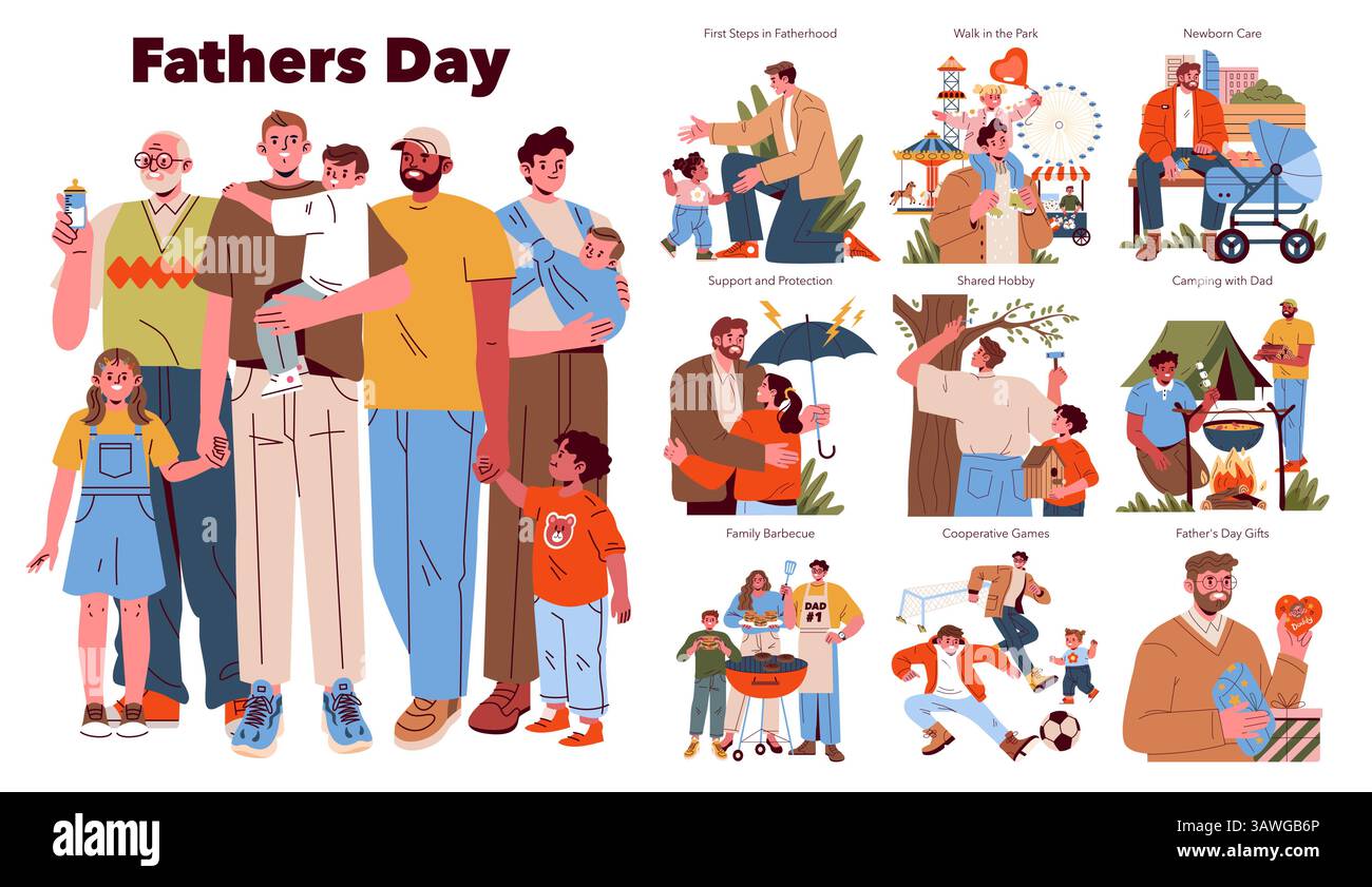Fathers Day set. Various moments of fatherhood and family connection ...