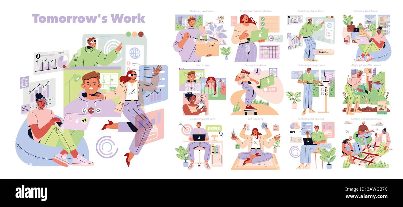 Tomorrow Work set. Remote teamwork using digital tools, personalized workspace design, flexible ...