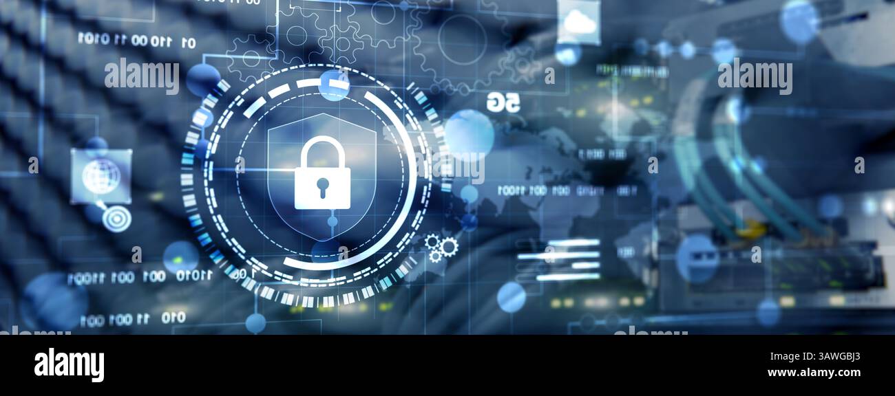 Cyber protection shield icon on server room background. Information ...