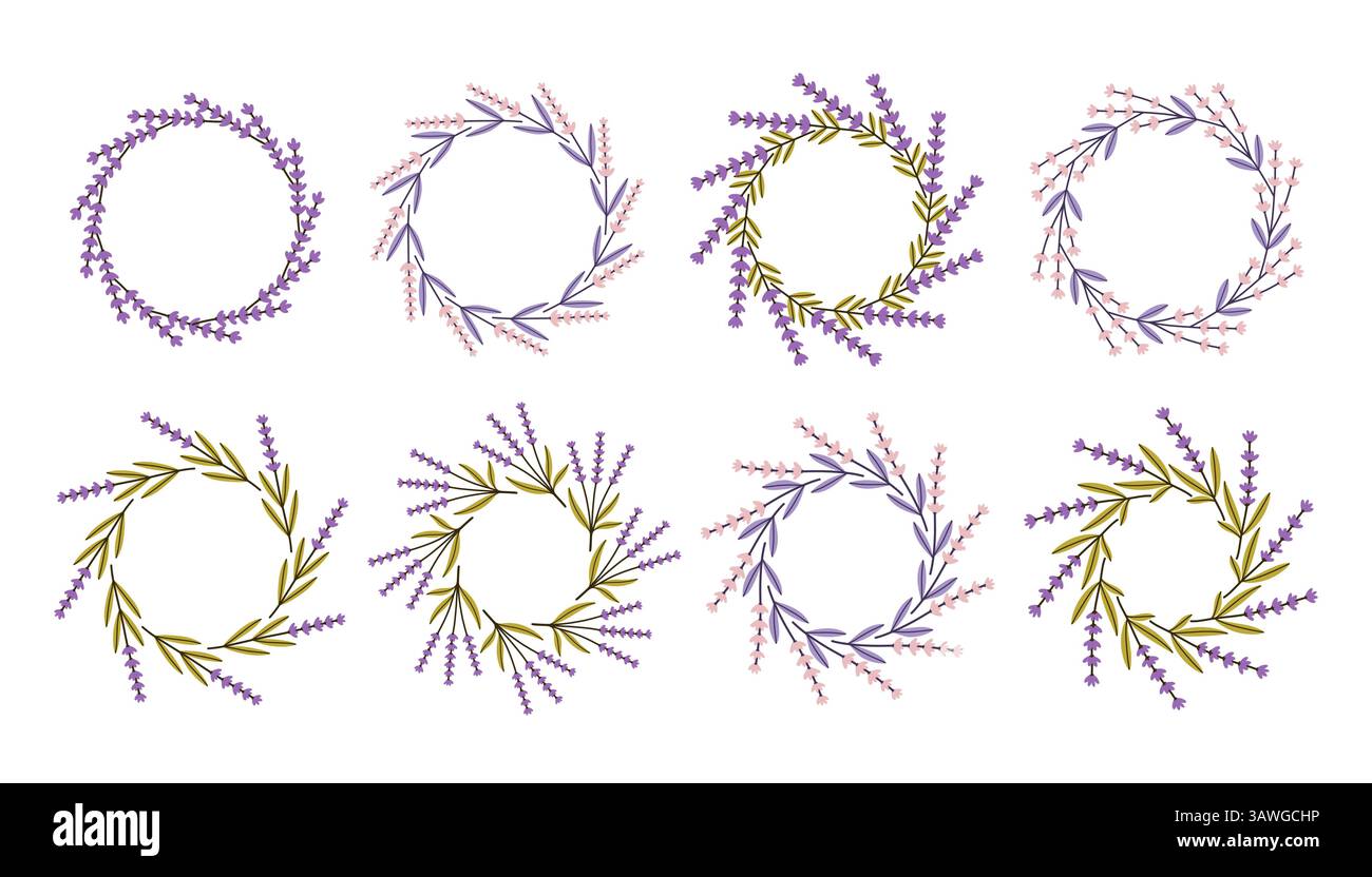 Lavender circle frame set. Floral circle frame. Hand drawn botanical ...