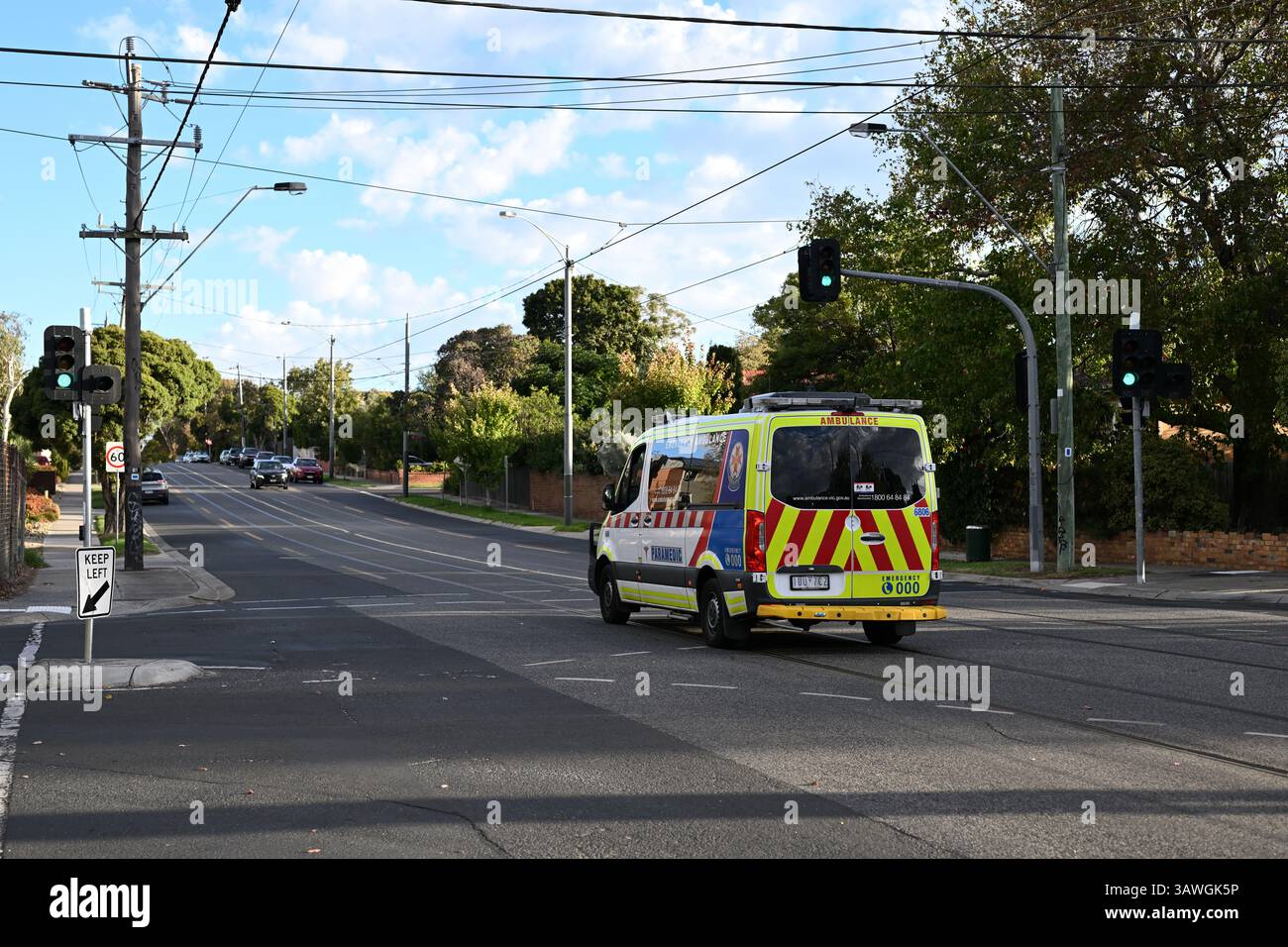 Rear view of an Ambulance Victoria vehicle, a Mercedes Benz Sprinter ...