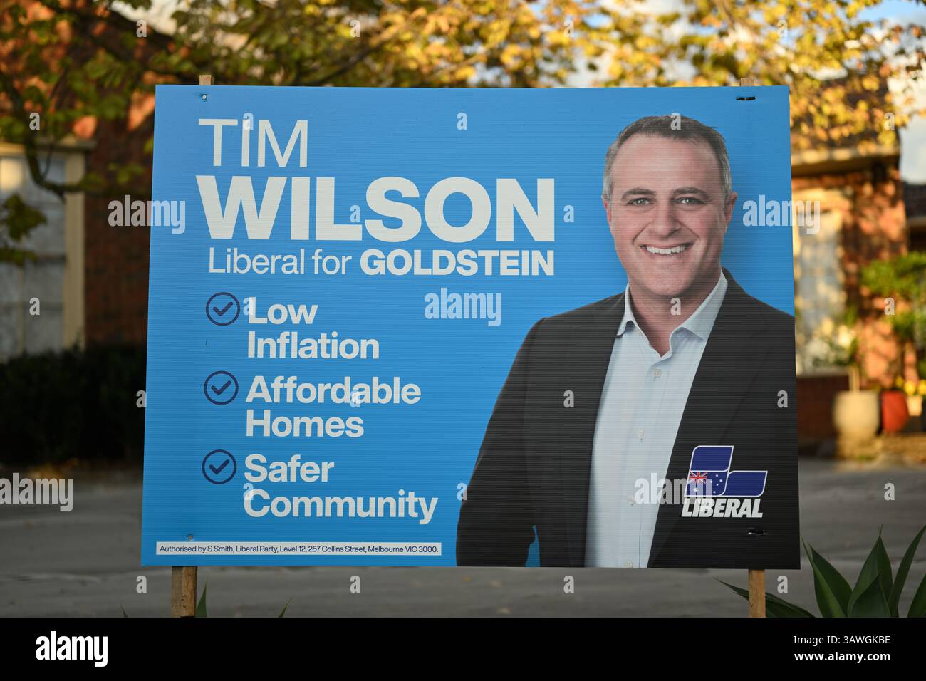 Sign for Liberal Party candidate Tim Wilson in the front yard of a home ...