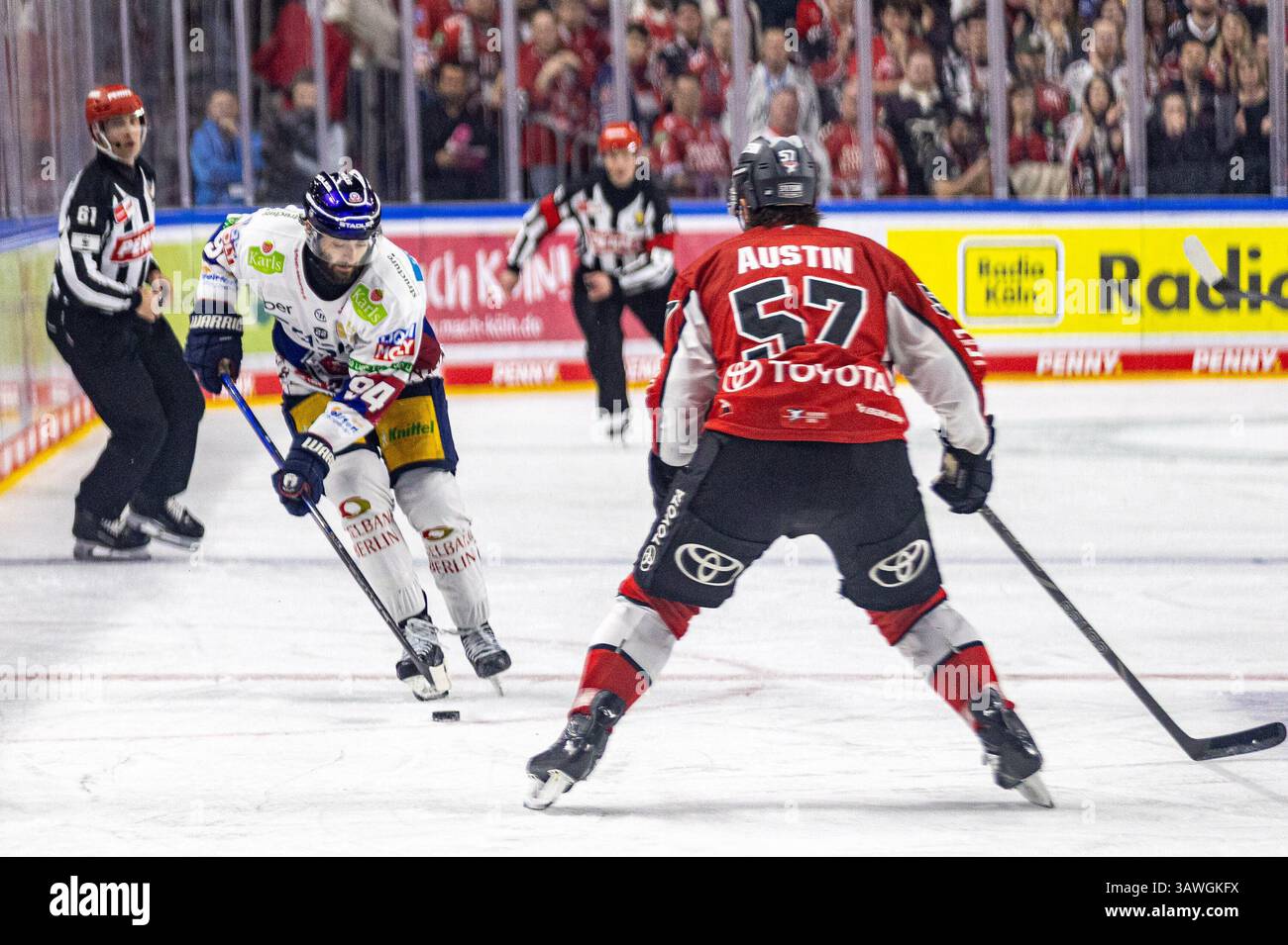Koeln, Deutschland. 19th Apr, 2025. Liam Kirk (Eisbaeren Berlin, #94) vs Brady Austin (Koelner ...