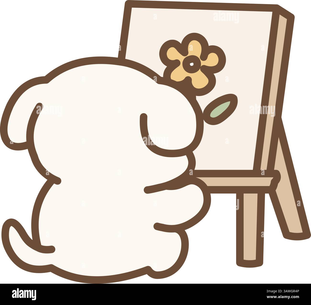 Cute white puppy painting a flower on a canvas, viewed from behind ...