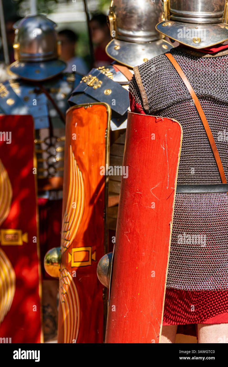 detail of roman military armor and helmet, roman army legionnaries in a ...